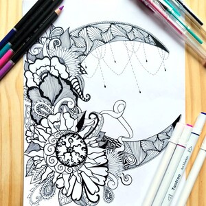 Floral Moon Printable Coloring Page, Printable Adult Coloring Pages ...
