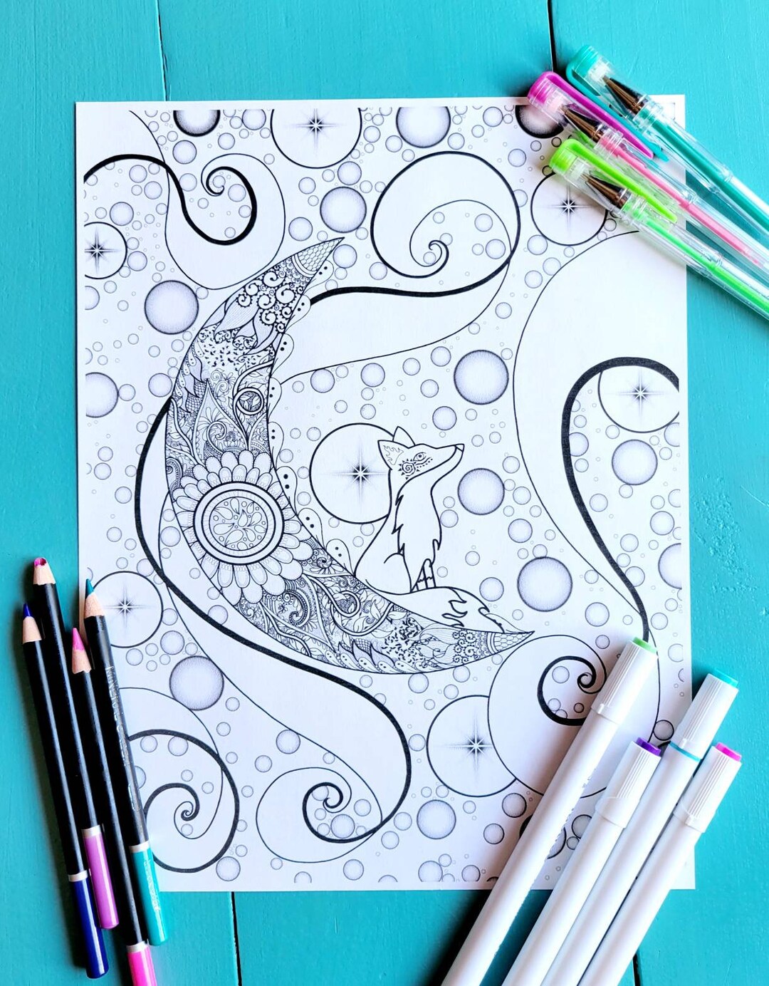 INSTANT DOWNLOAD Fox Coloring Page, Half Moon Coloring Page, Doodle Art ...