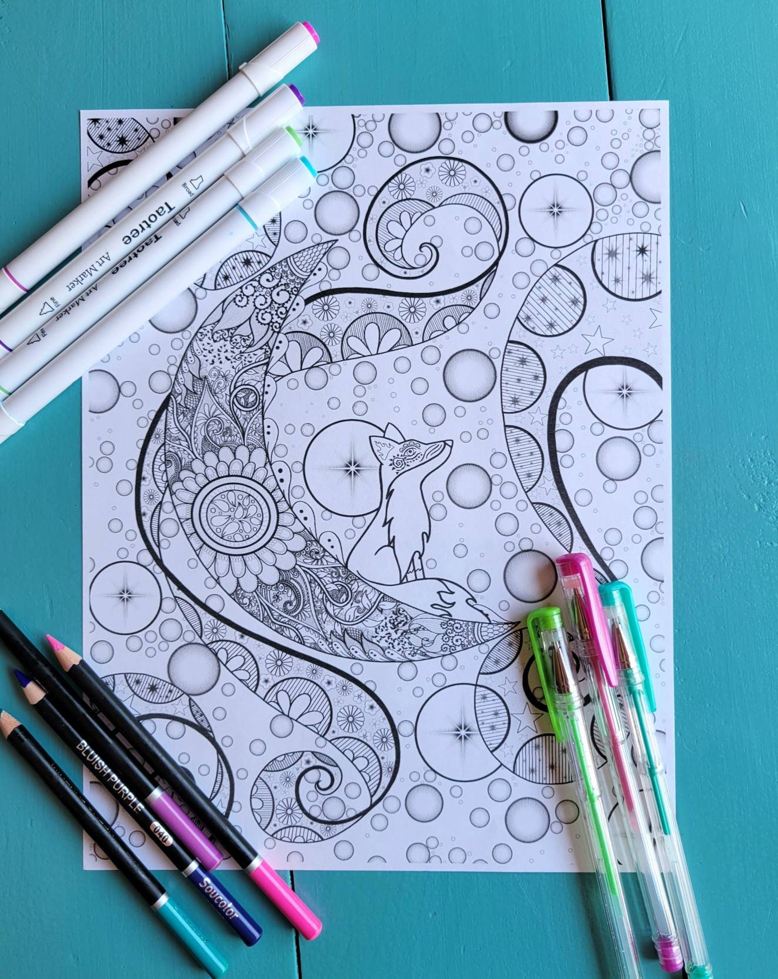 INSTANT DOWNLOAD Fox Coloring Page, Half Moon Coloring Page, Doodle Art ...