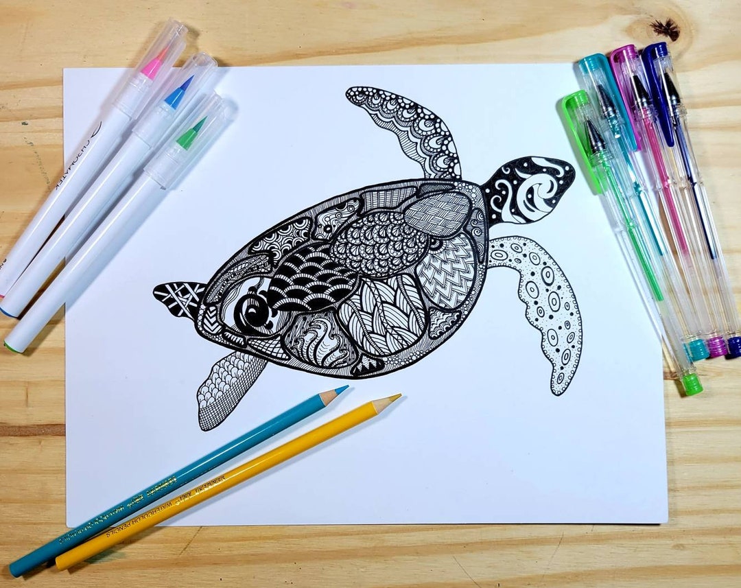 INSTANT DOWNLOAD Coloring Page, Turtle Zentangle Inspired, Doodle Art ...