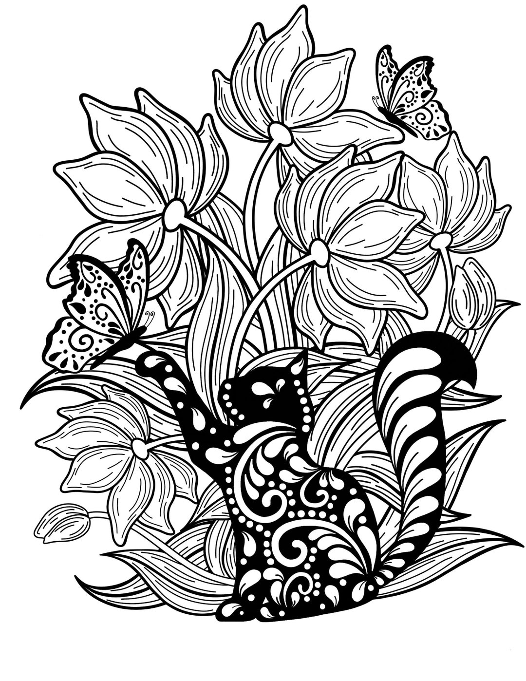 Cute Cat With Flowers Coloring Page, Digital Download Full Page Cat ...