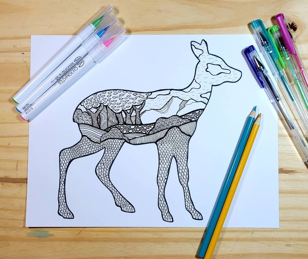 INSTANT DOWNLOAD Coloring Page, Deer Zentangle Inspired, Doodle Art ...