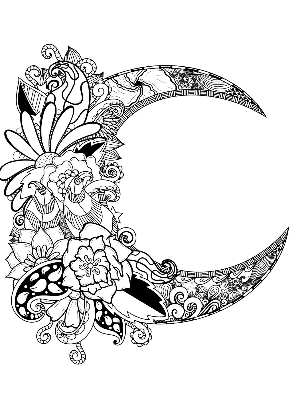 Crescent Moon With Flowers Coloring Page, Half Moon Coloring Page ...