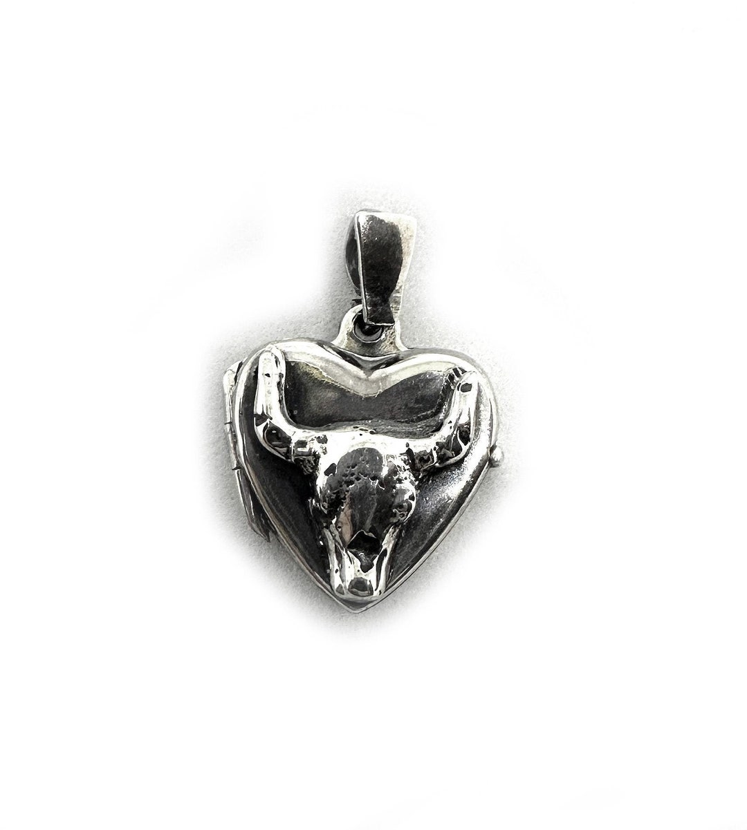 Sterling Silver Buffalo Skull Locket Heart With Hinged Opening Double ...
