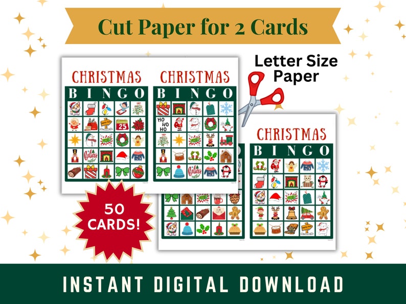Christmas BINGO, 50 Holiday Bingo Cards for Kids, Teens or Adults ...