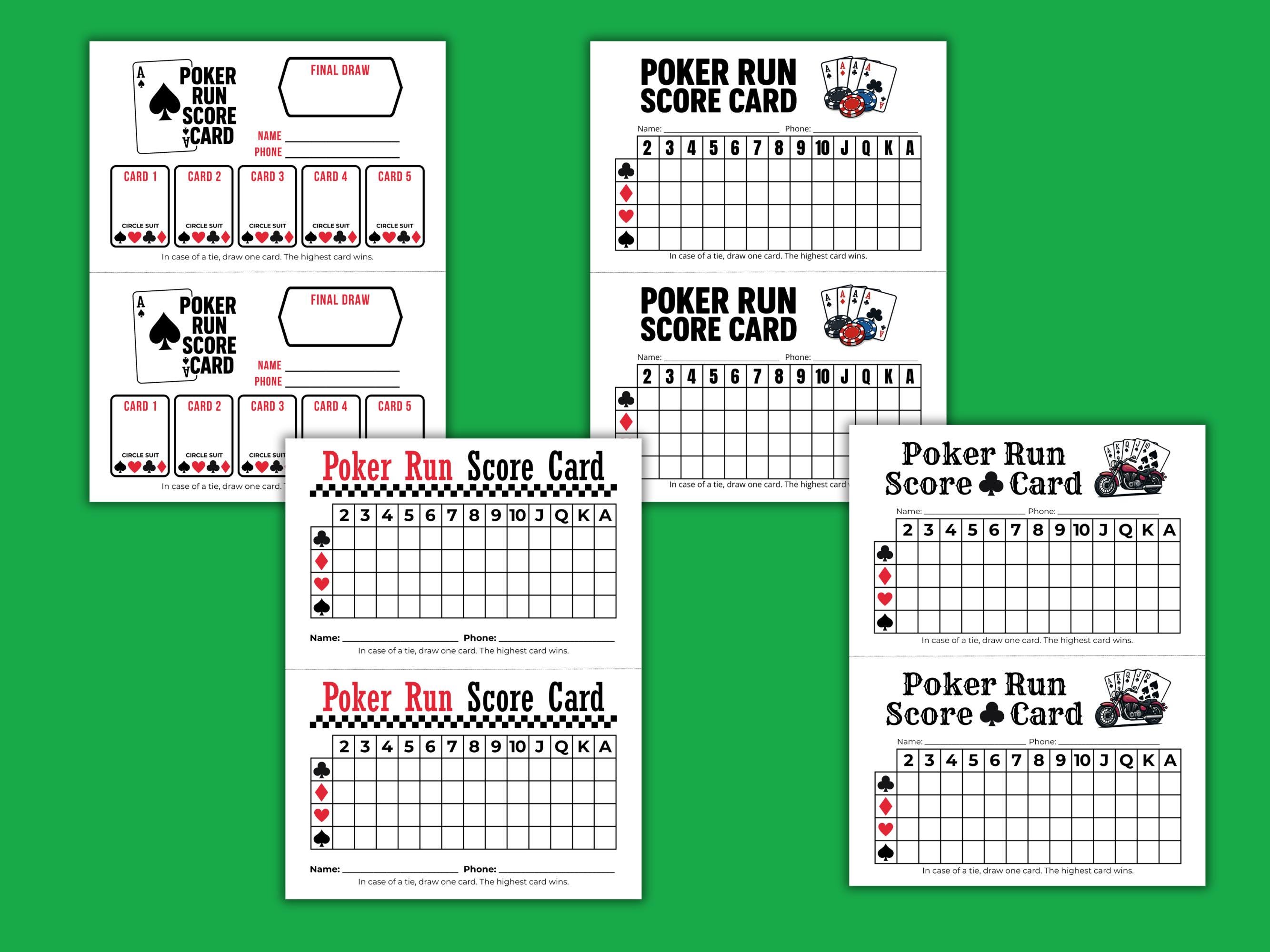 Poker Run Score Cards: Bundle of 5 Designs With Poker Hand Rankings ...