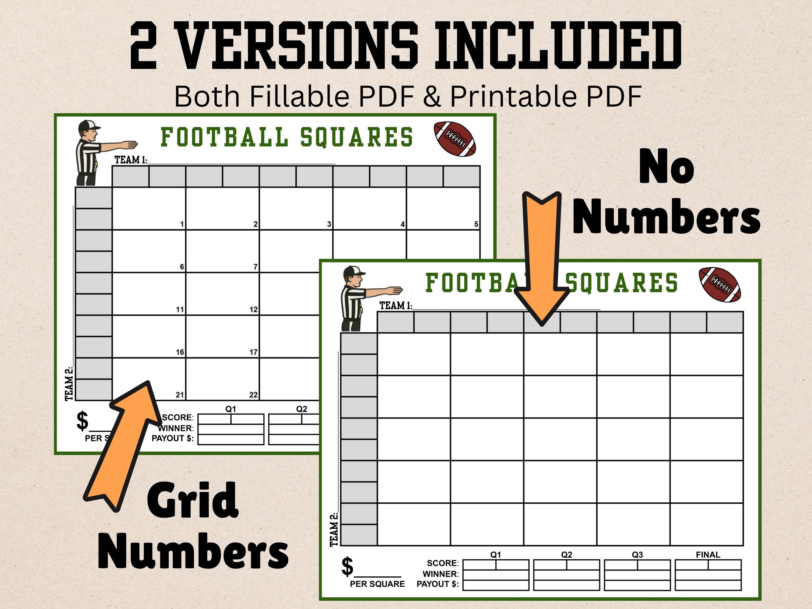 25 Square Football Pool Printable & Fillable PDF | Numbered and Blank ...
