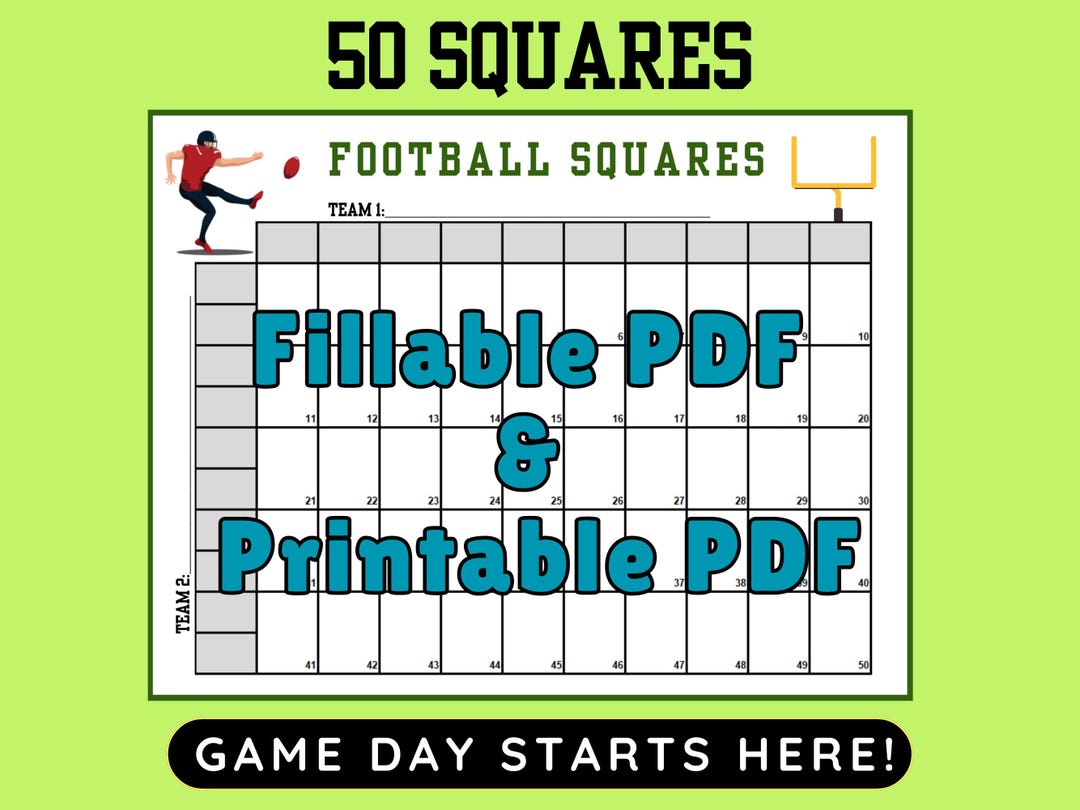 50 Square Football Squares Printable & Fillable PDF | Numbered and ...