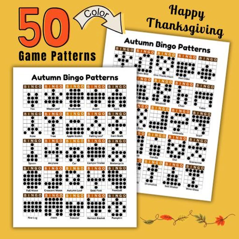 50 Thanksgiving Bingo Game Patterns: 25 Autumn Patterns per Page ...