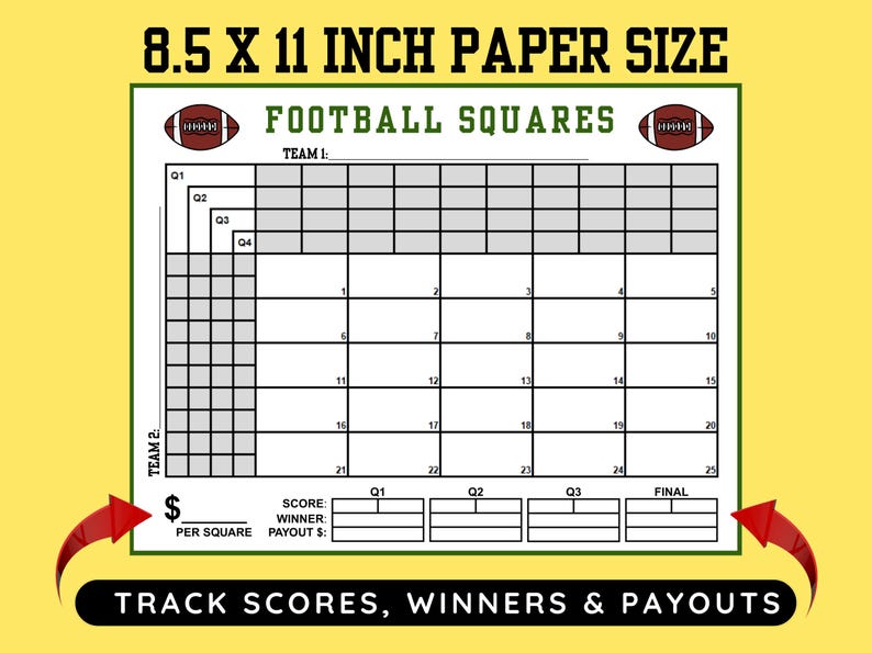 25 Square Football Pool by Quarter Printable & Fillable PDF | Numbered ...