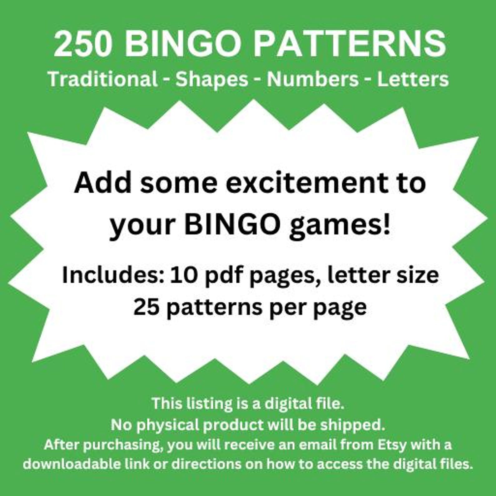 250 Bingo Game Patterns: Letters, Numbers, Shapes, 25 per Page (digital ...