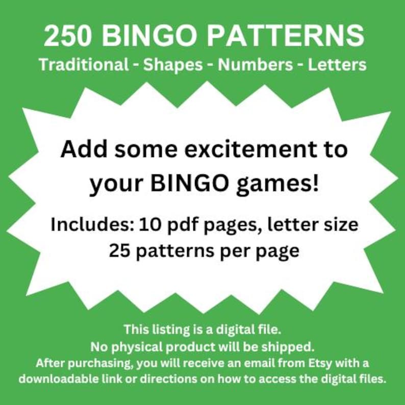 250 Bingo Game Patterns: Letters, Numbers, Shapes, 25 per Page (digital ...