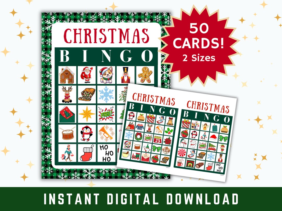 Christmas BINGO Game: 50 Holiday Cards, Printable Party Activity ...