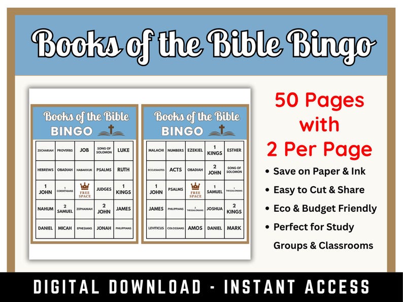 Books of the Bible Bingo Game – 100 Bible Bingo Cards, Bible Study ...