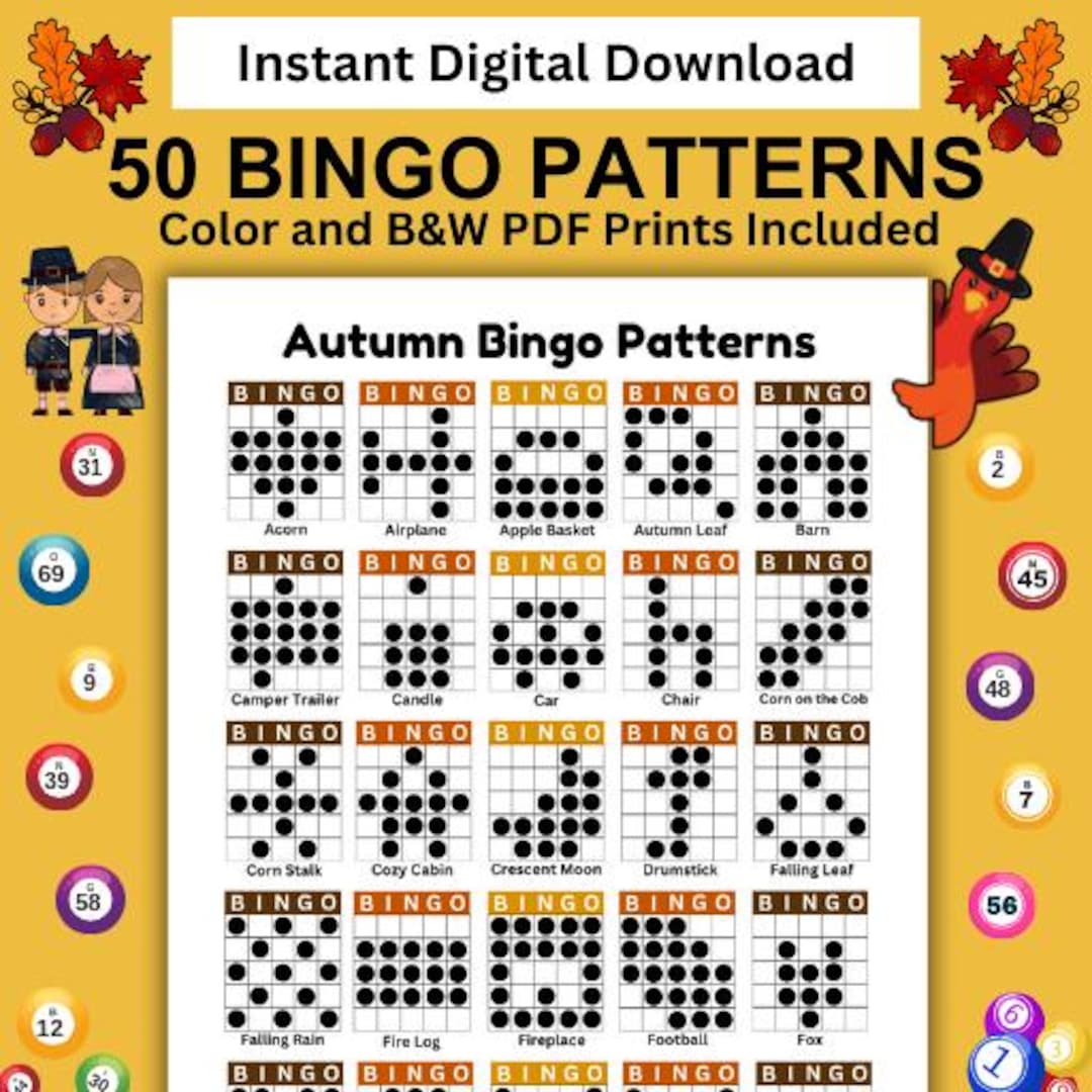 50 Thanksgiving Bingo Game Patterns: 25 Autumn Patterns per Page ...