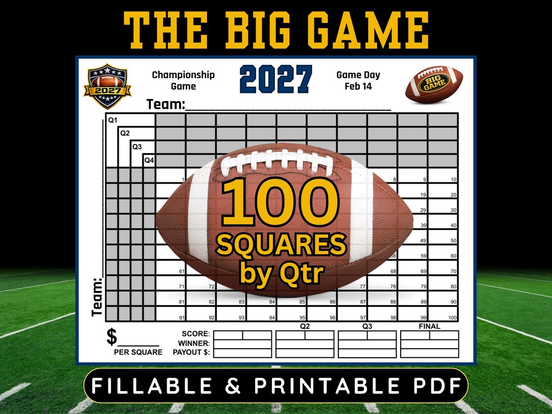 100 Square Football Squares by Quarter Printable & Fillable PDF | Big ...