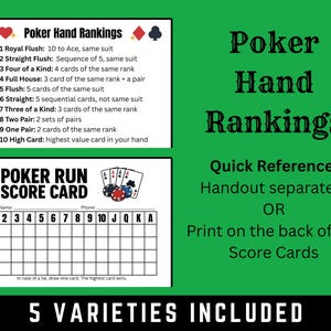 Poker Run Score Cards: Bundle of 5 Designs With Poker Hand Rankings ...