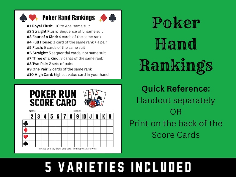 Poker Run Score Cards: Bundle of 5 Designs With Poker Hand Rankings ...