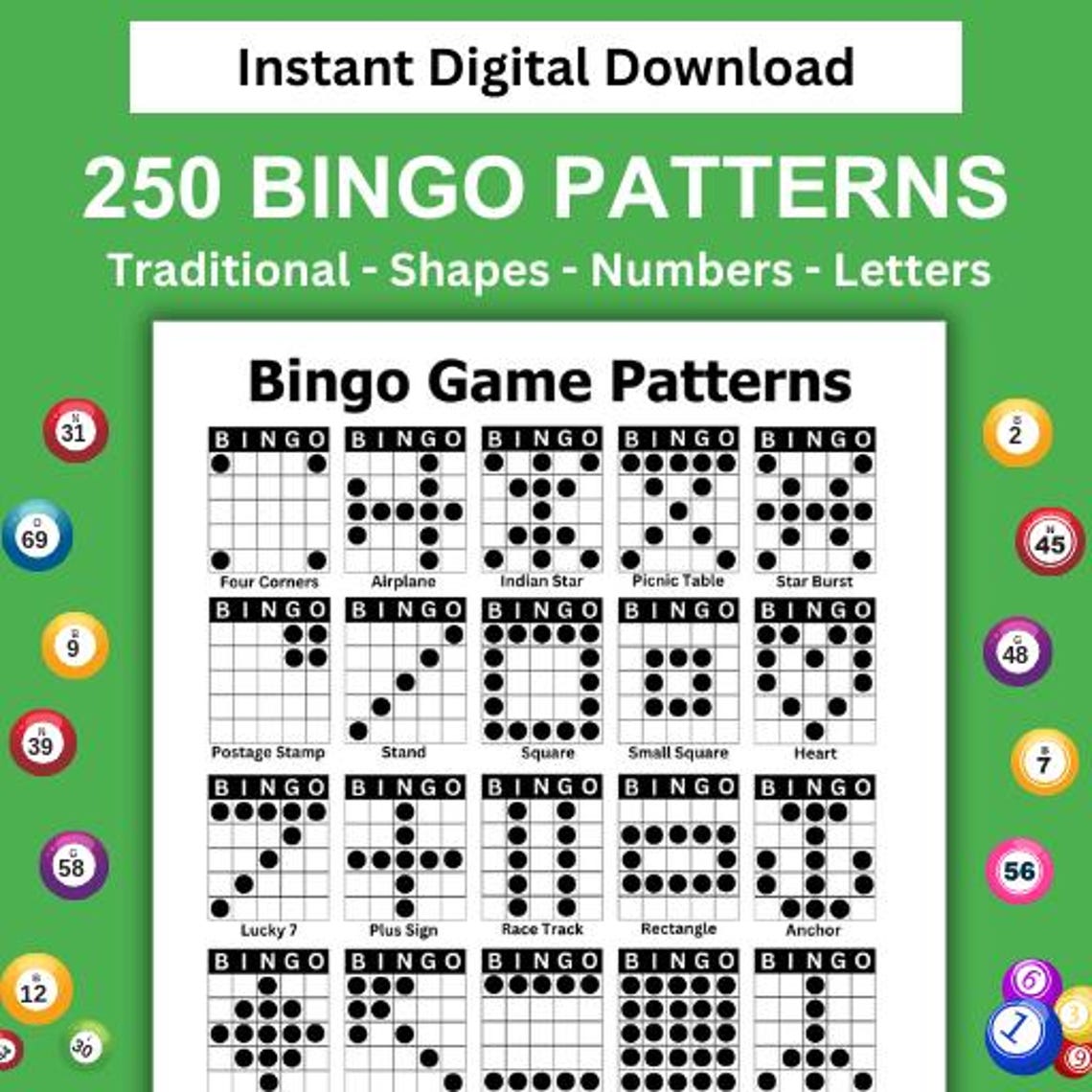 250 BINGO Patterns, 25 Game Patterns per Page | Regular, Traditional ...
