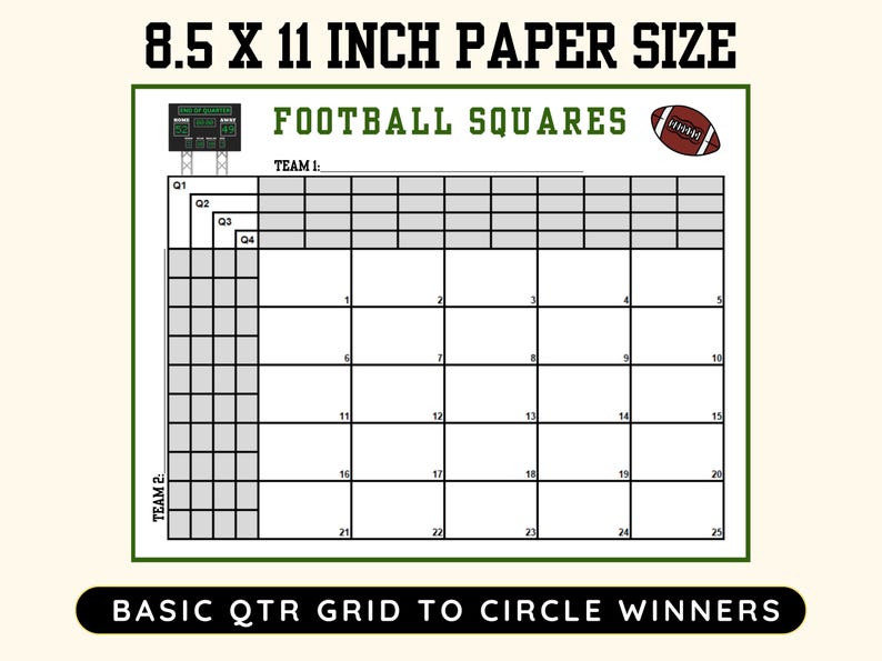 25 Square Football Squares by Quarter | Printable and Fillable PDF ...