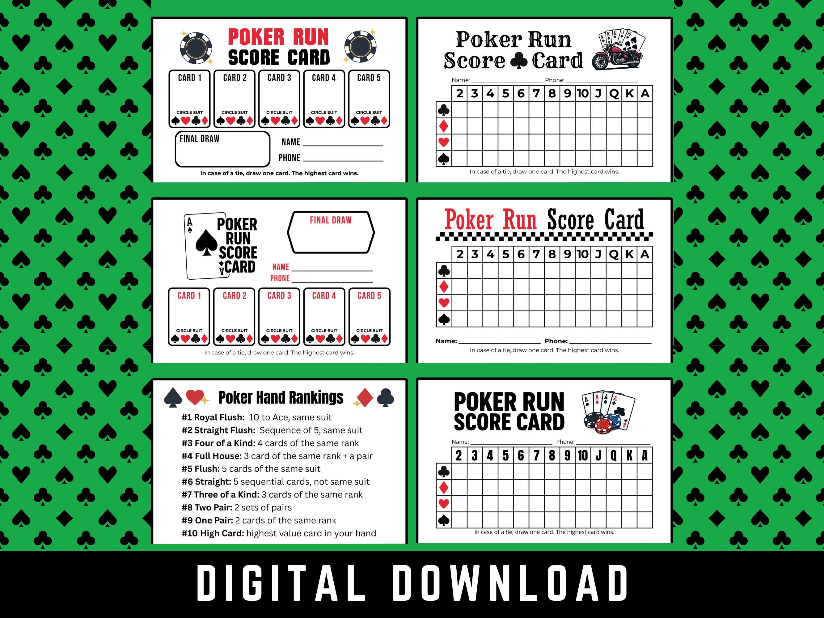 Poker Run Score Cards: Bundle of 5 Designs With Poker Hand Rankings ...