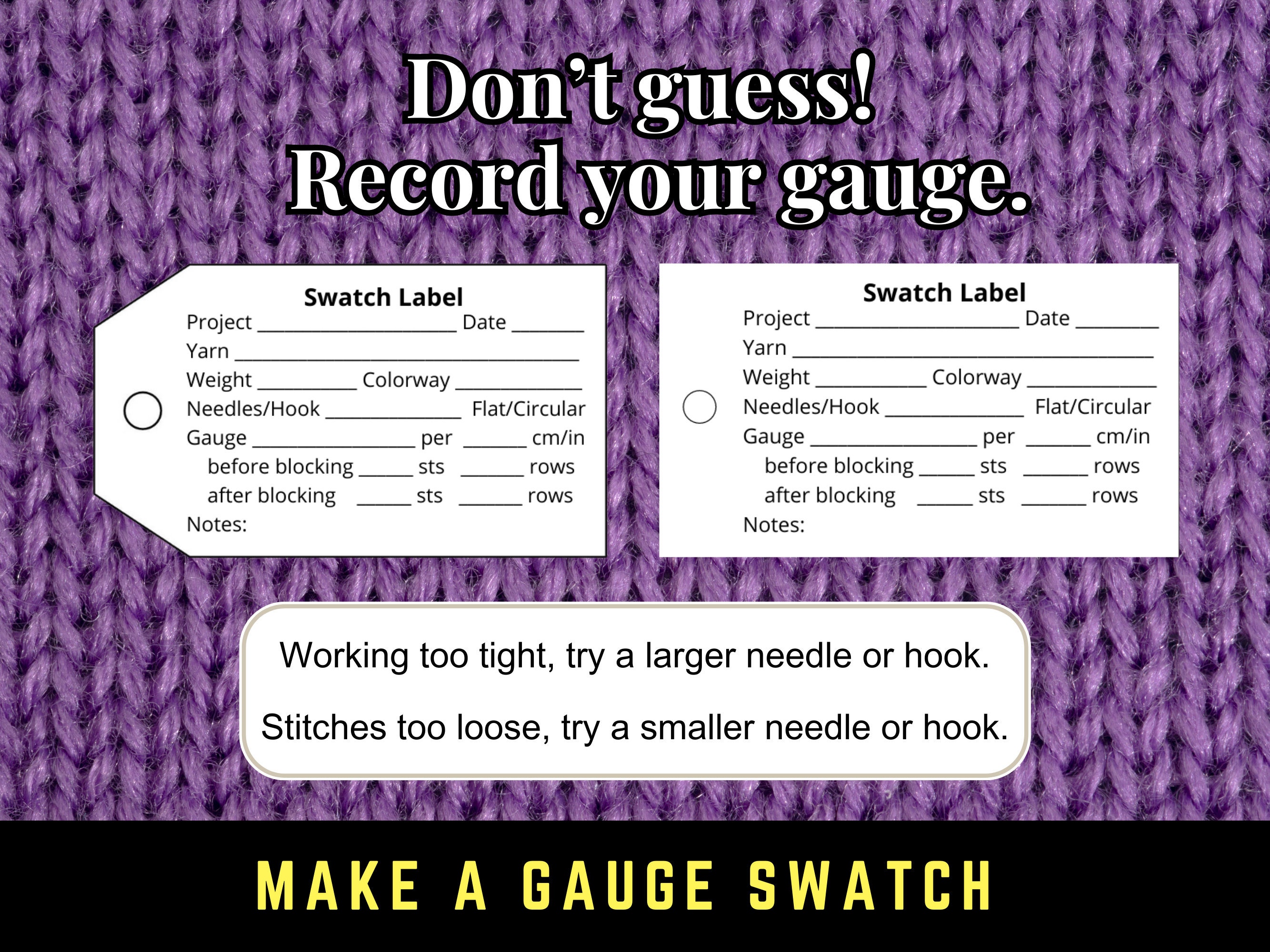 PRINTABLE Knitting Swatch Label - Record Gauge Notes, Attach to Knit ...