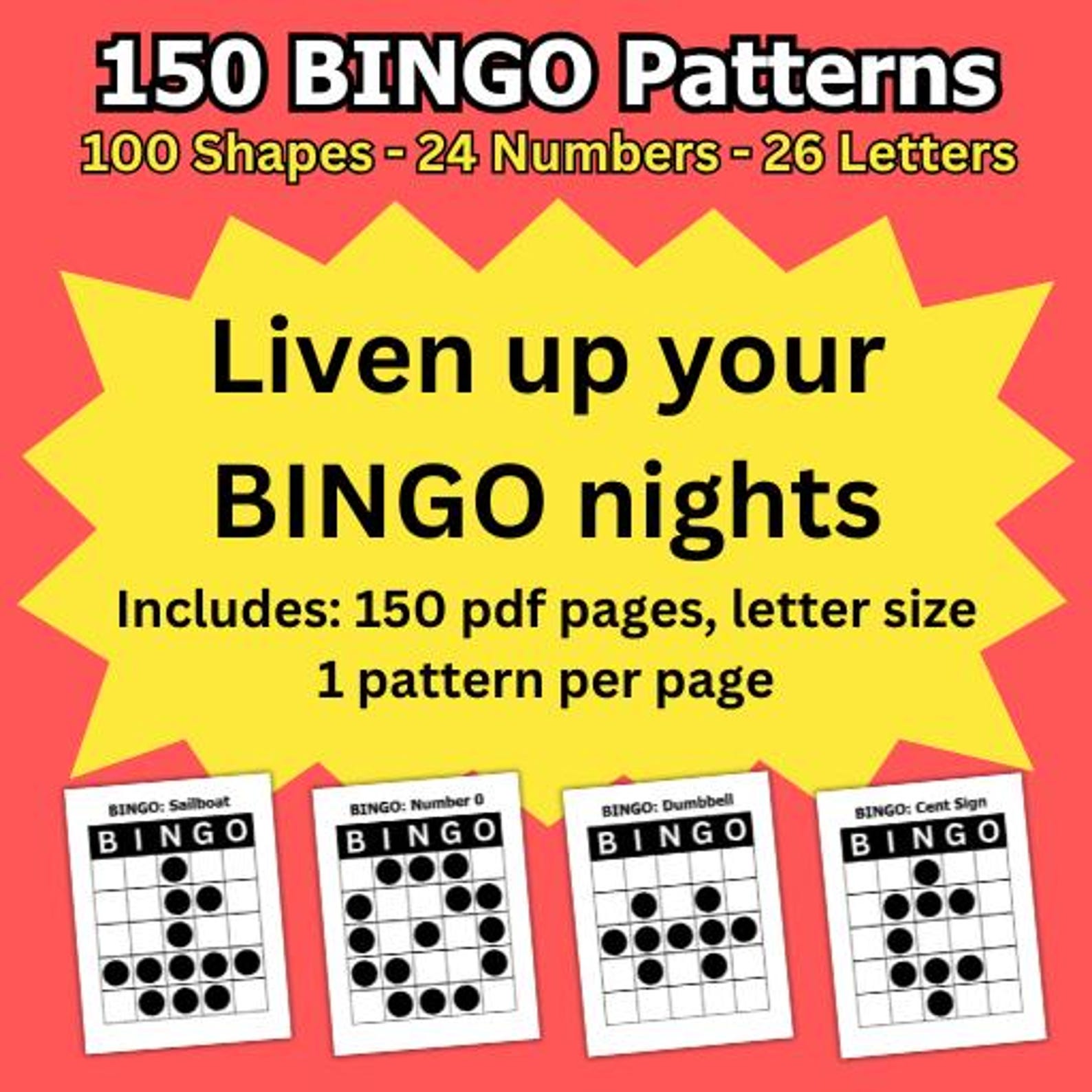 150 Bingo Patterns Printable | Shapes, Letters, Numbers (digital ...