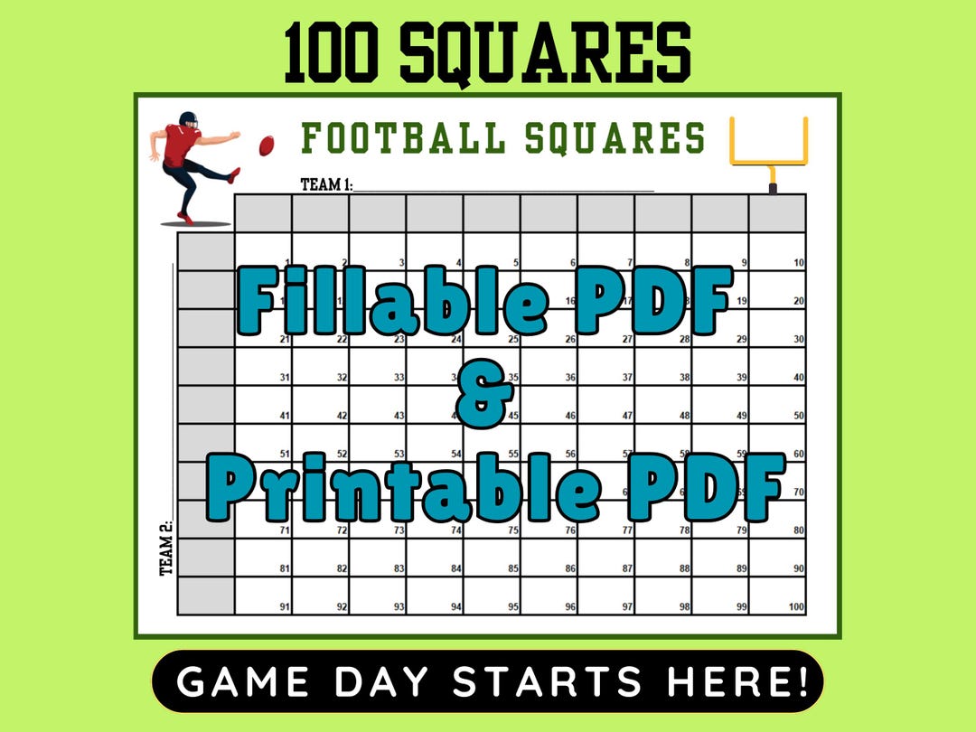 100 Square Football Squares Printable & Fillable PDF | Numbered and ...