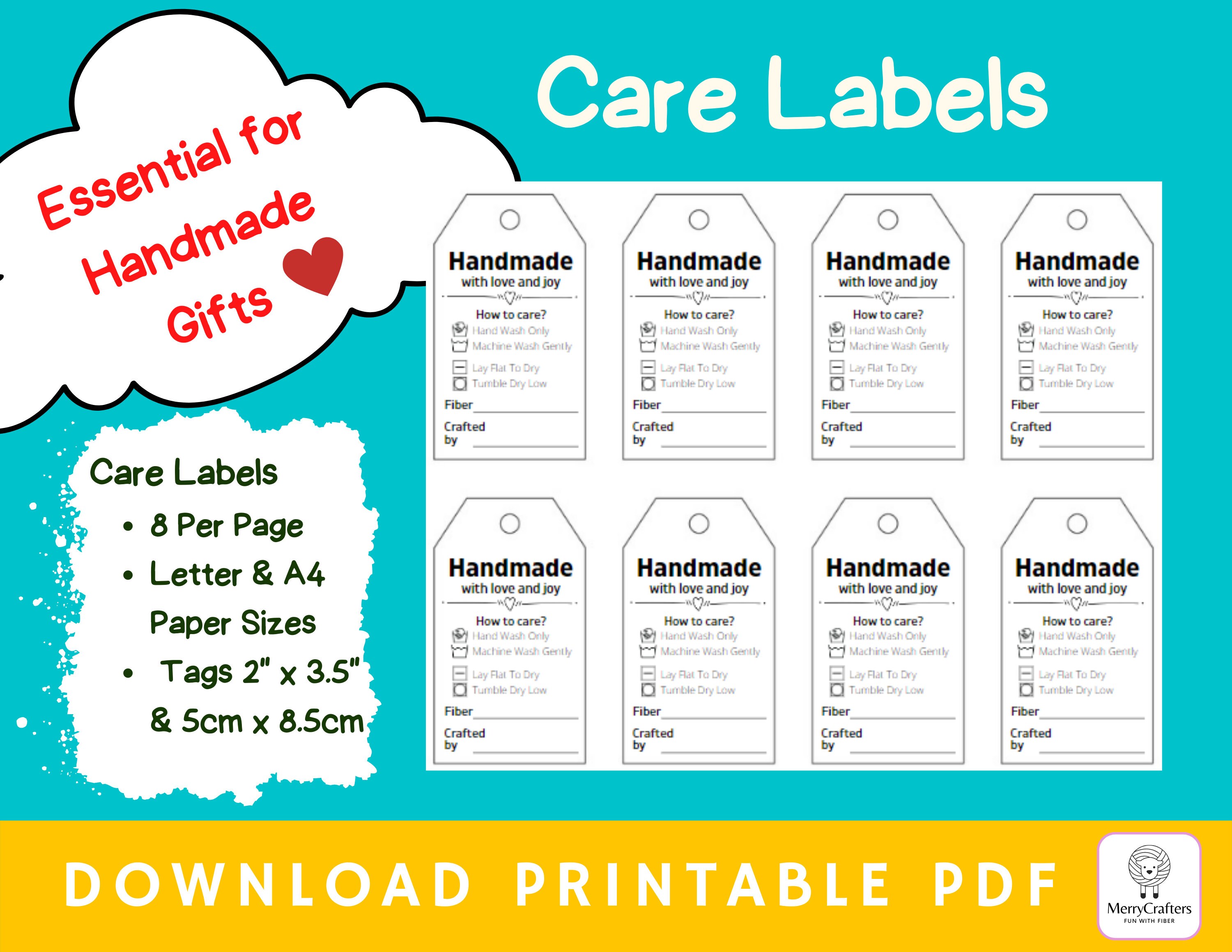 PRINTABLE Baby Gift Tags Perfect for Handmade Items, Handmade Care ...