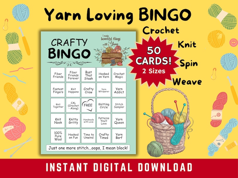 Yarn Lover Bingo Printable, 50 Unique Bingo Cards, Knitting & Crochet ...