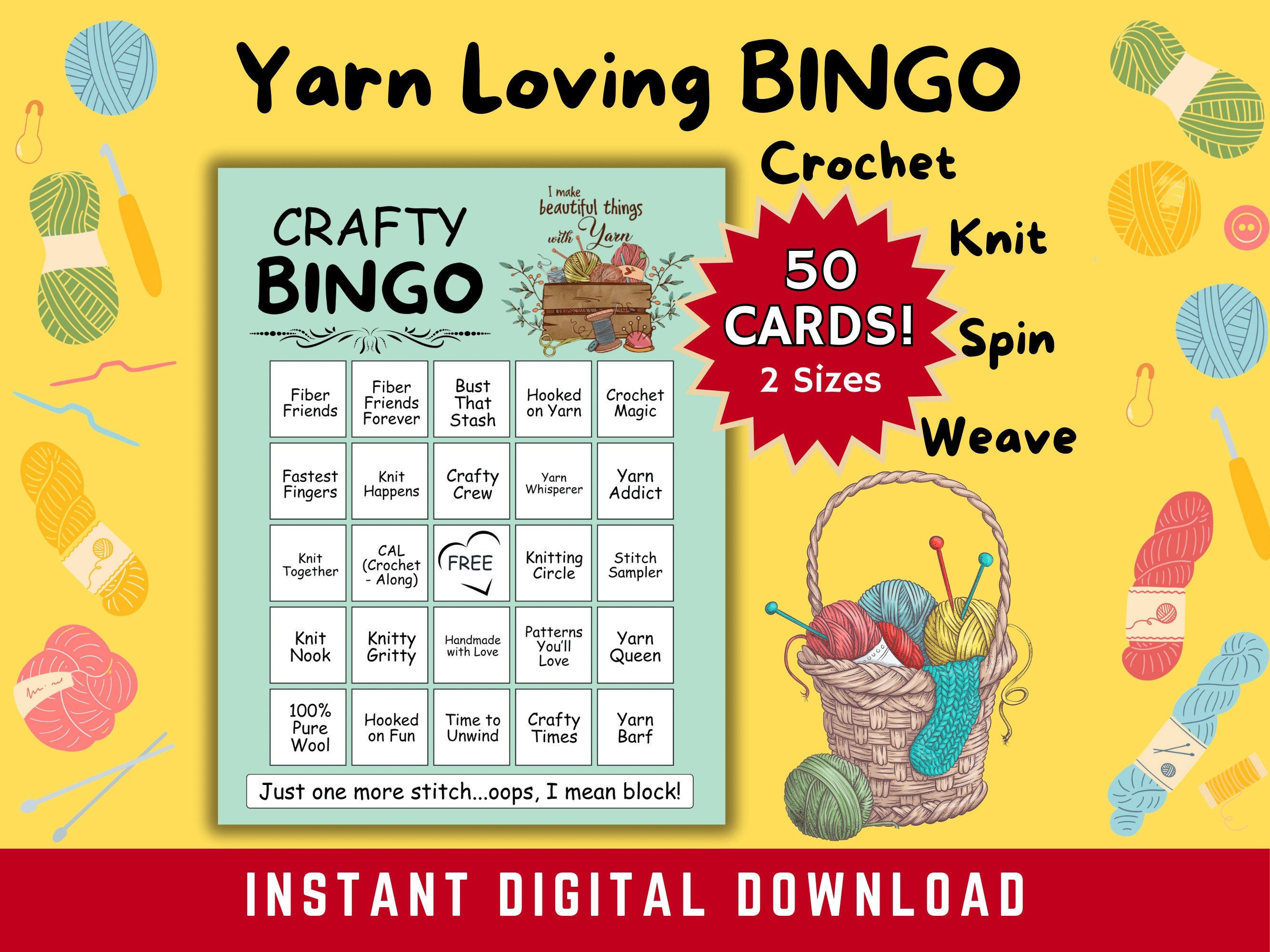 Crafty Yarn Bingo Game: Knitting & Crochet Events, 50 Unique Cards ...