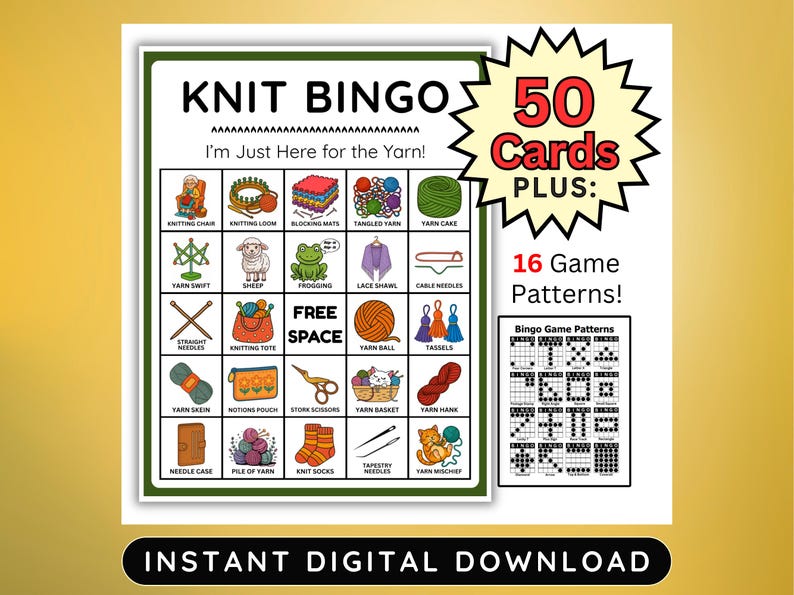 Knit Bingo Game: 50 Printable Cards, Knitting Party Activity (digital ...