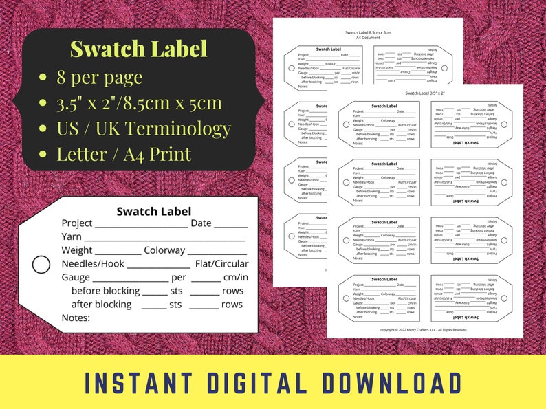 PRINTABLE Knitting Swatch Label - Record Gauge Notes, Attach to Knit ...