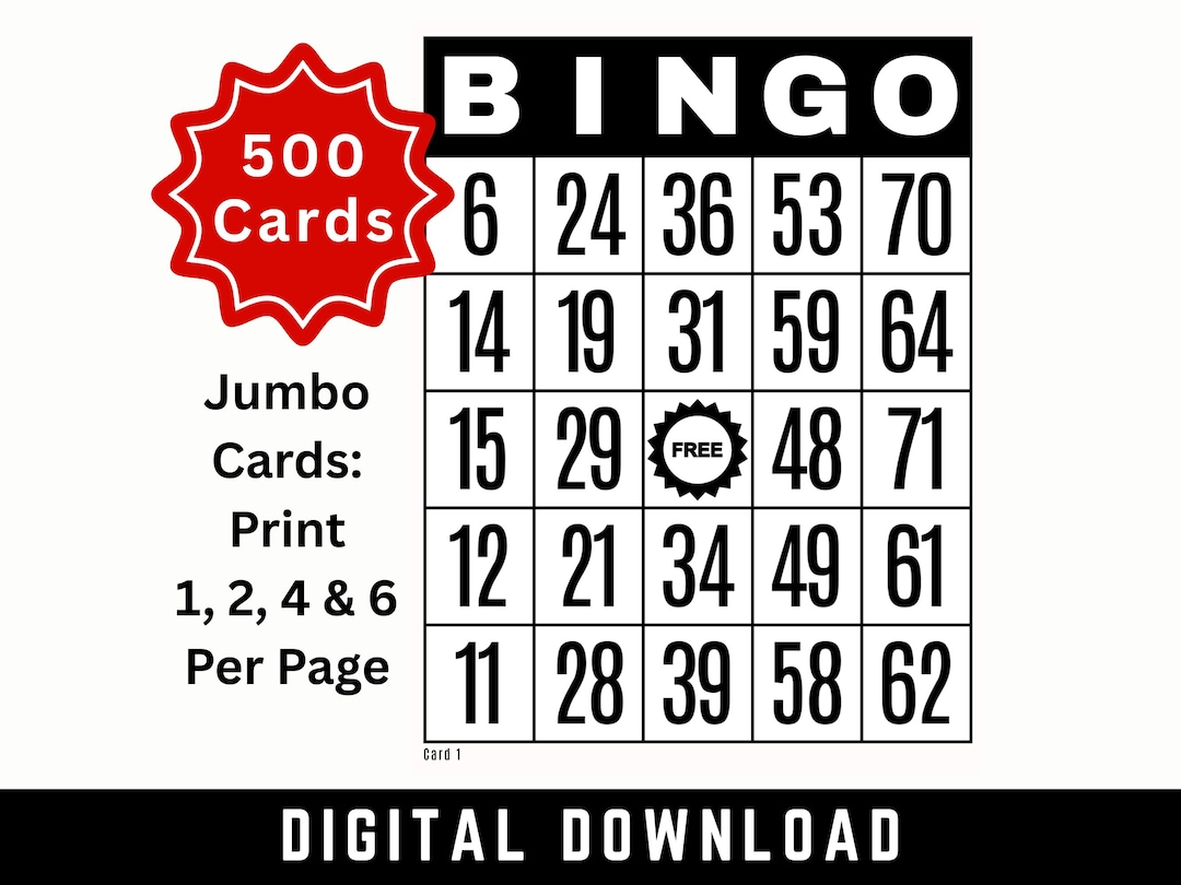 500 Jumbo Printable Bingo Cards: Standard 75 Call Bingo (digital ...