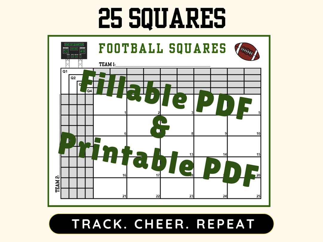 25 Square Football Squares by Quarter | Printable and Fillable PDF ...