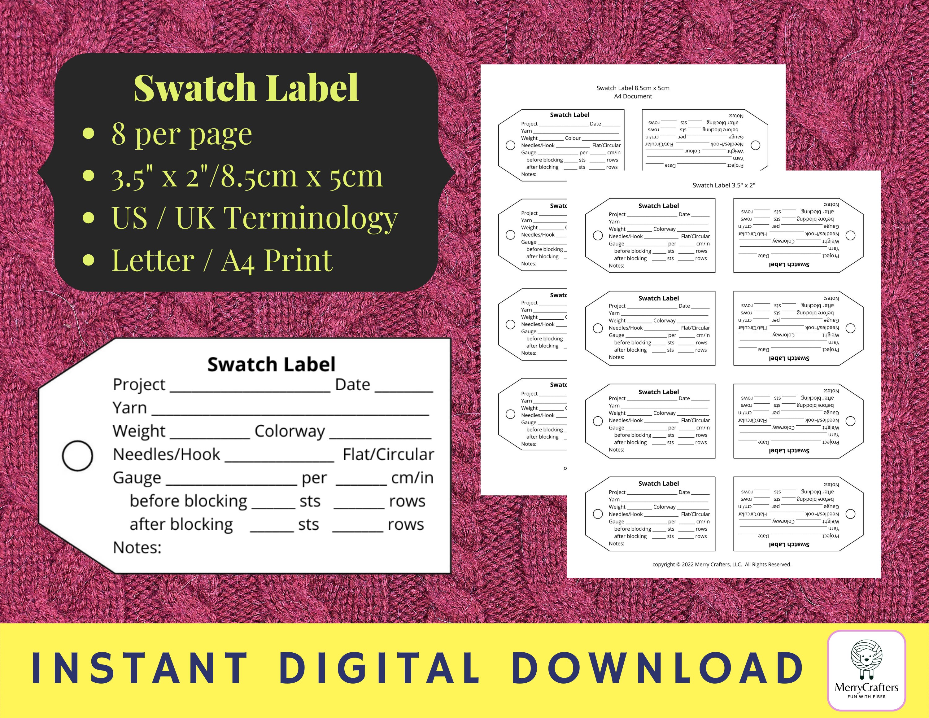 PRINTABLE Swatch Labels Record Gauge Notes, Attach to Knit & Crochet ...
