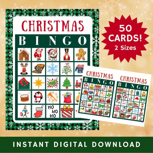 Christmas BINGO, 50 Holiday Bingo Cards for Kids, Teens or Adults ...