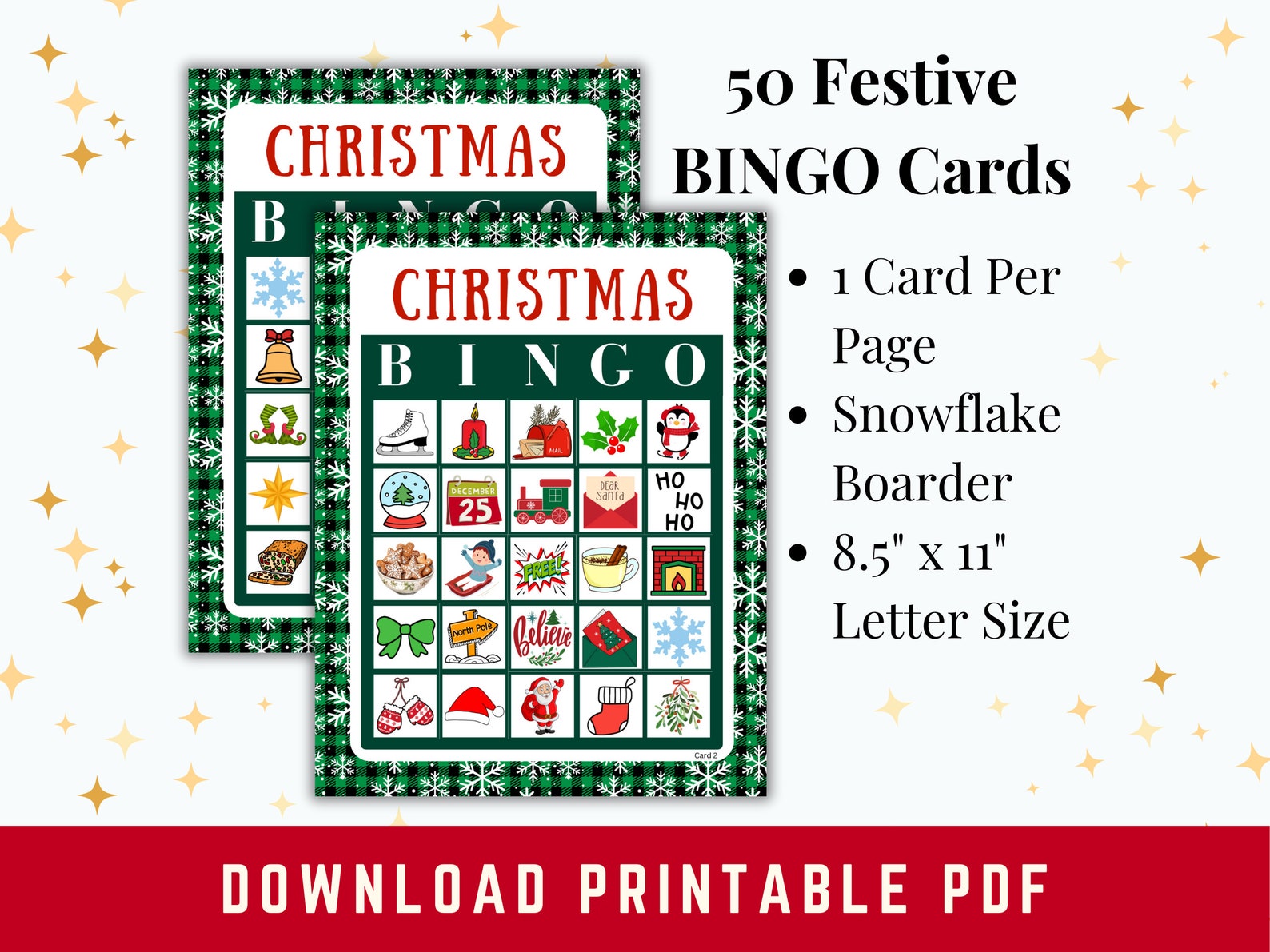 Christmas BINGO Game: 50 Holiday Cards, Printable Party Activity ...