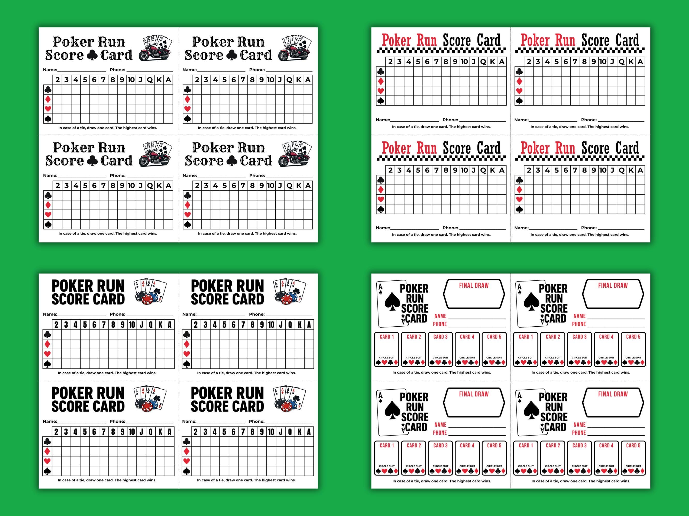 Poker Run Score Cards: Bundle of 5 Designs With Poker Hand Rankings ...