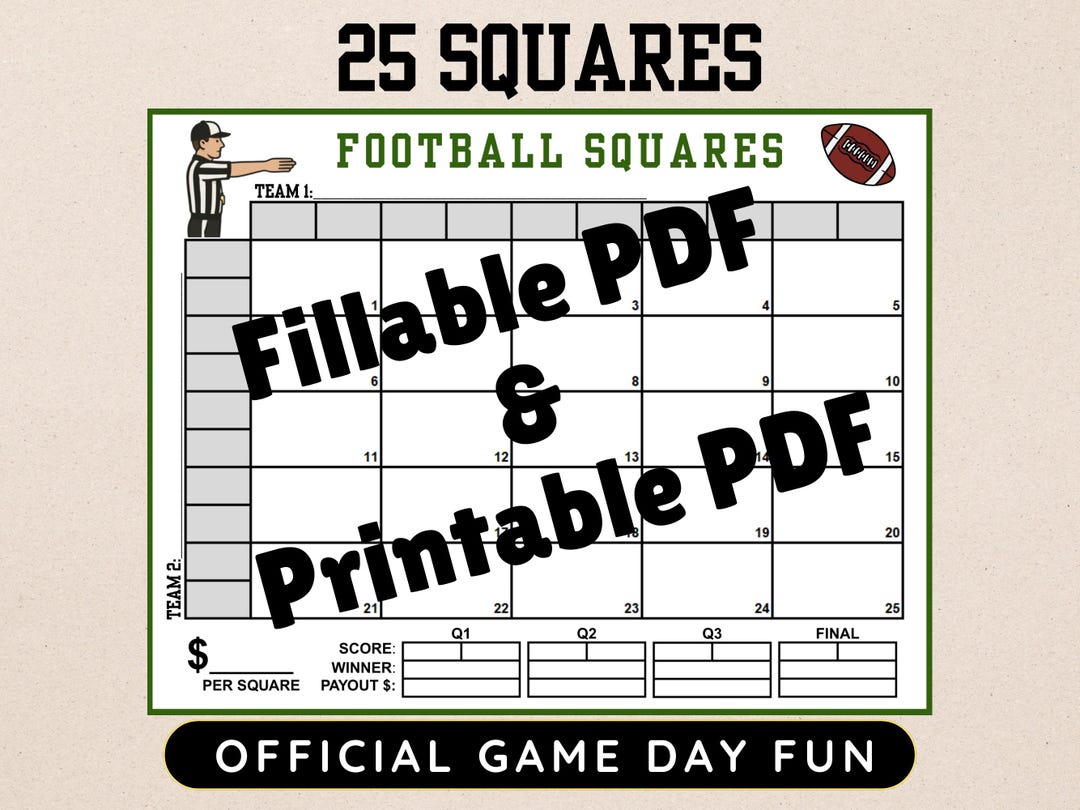 25 Square Football Pool Printable & Fillable PDF | Numbered and Blank ...