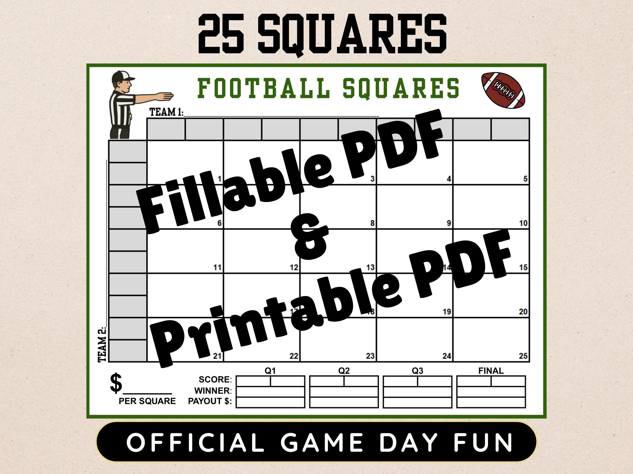 25 Square Football Pool Printable & Fillable PDF | Numbered and Blank ...