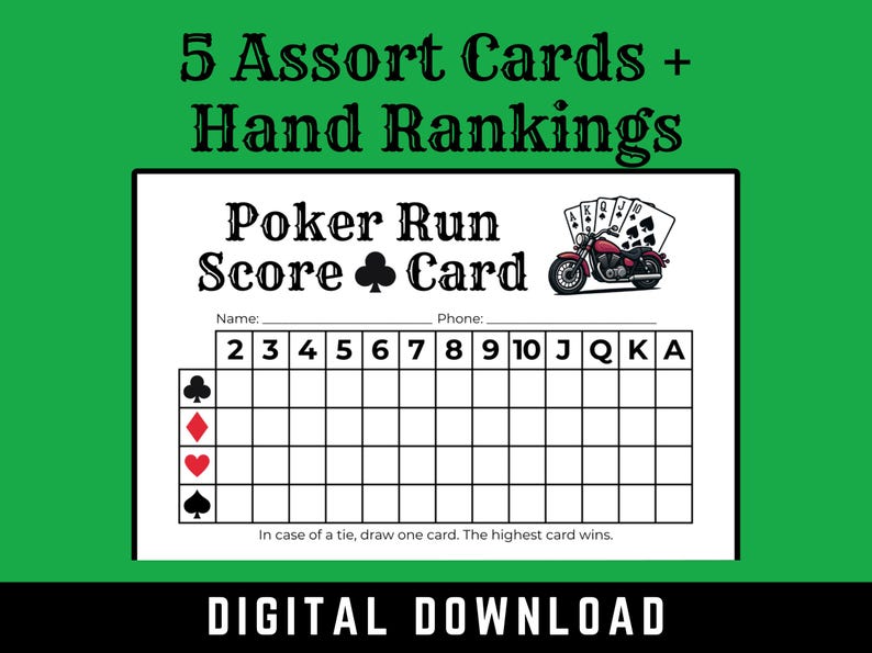 Poker Run Score Cards: Bundle of 5 Designs With Poker Hand Rankings ...