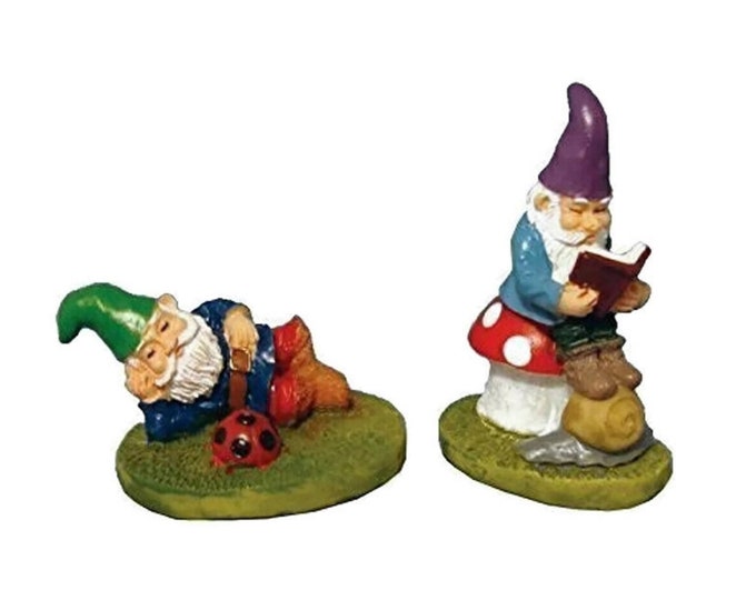 Miniature Set of 2 Delightful Lazy Gnomes One is Reading the Other is ...