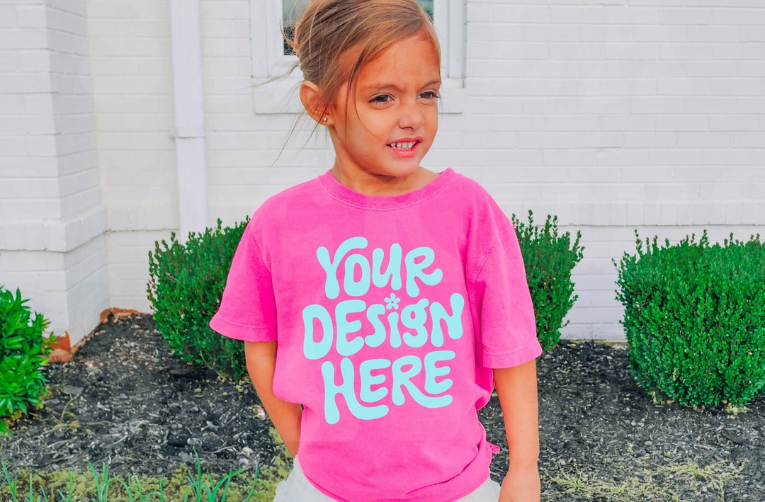 Kids Neon Pink Comfort Colors C9018 Youth T-shirt Mockup Model ...