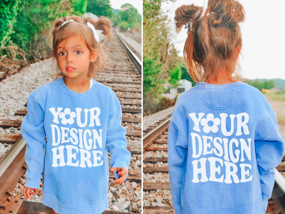 Kids Front & Back Flo Blue C9755 Crewneck Sweatshirt Mockup Model ...