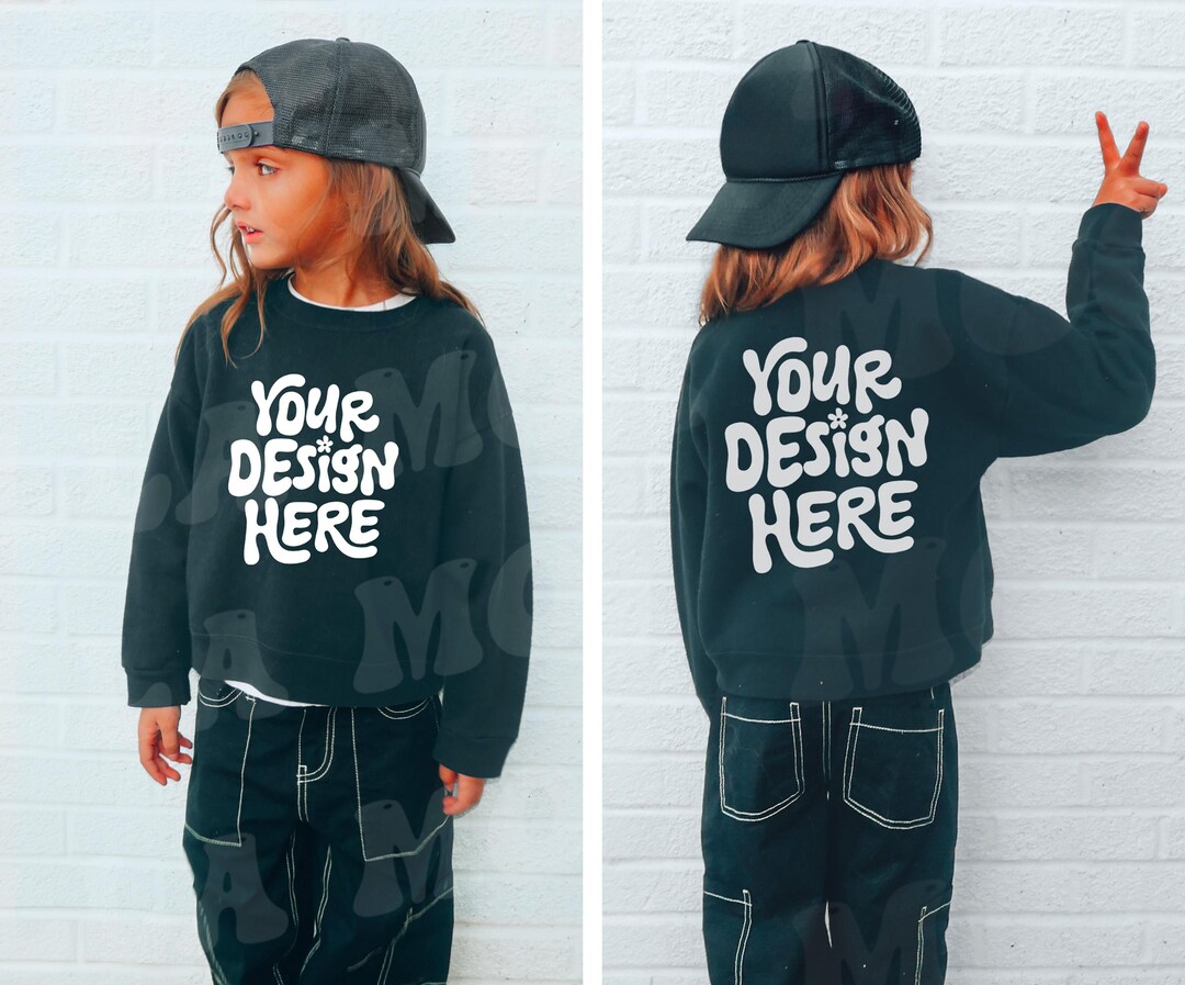 Front & Back Kids 3317 Rabbit Skins Black Crewneck Sweatshirt Mockup ...