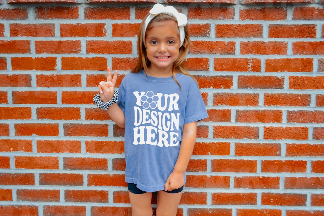 Kids Comfort Colors C9018 Youth Washed Denim T-shirt Mockup Model ...