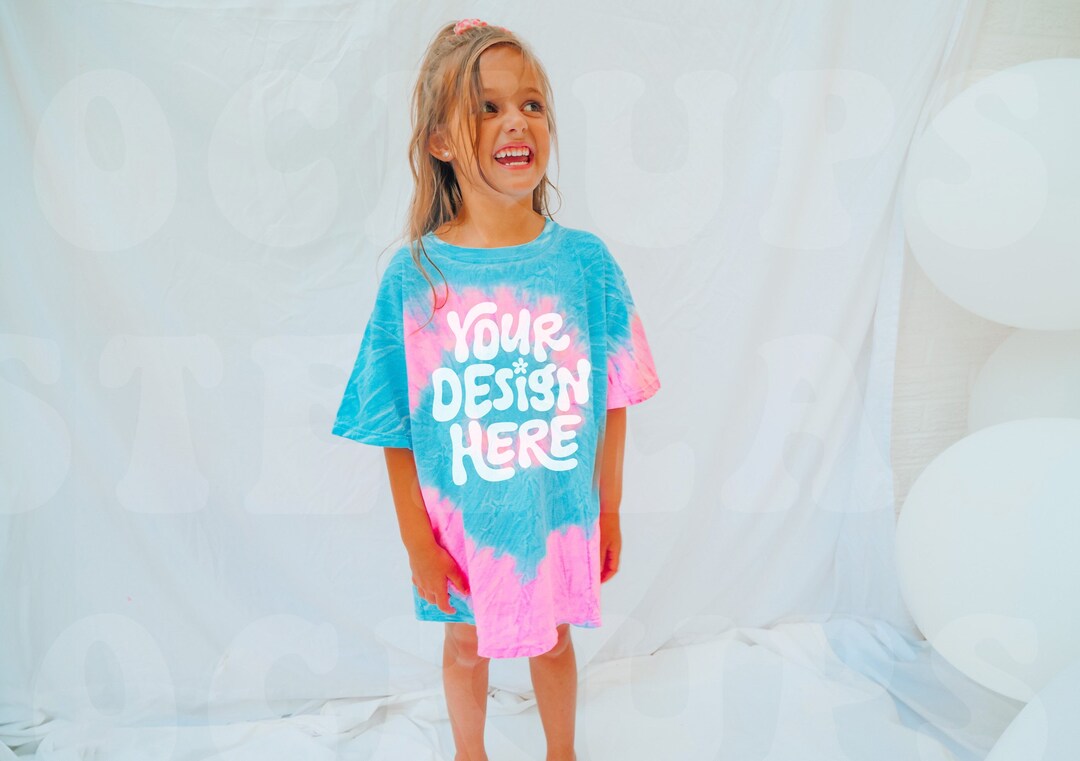 Kids Blank Tie Dye T-shirt Mockup Model Youth Colortone 1000Y Flo Blue ...