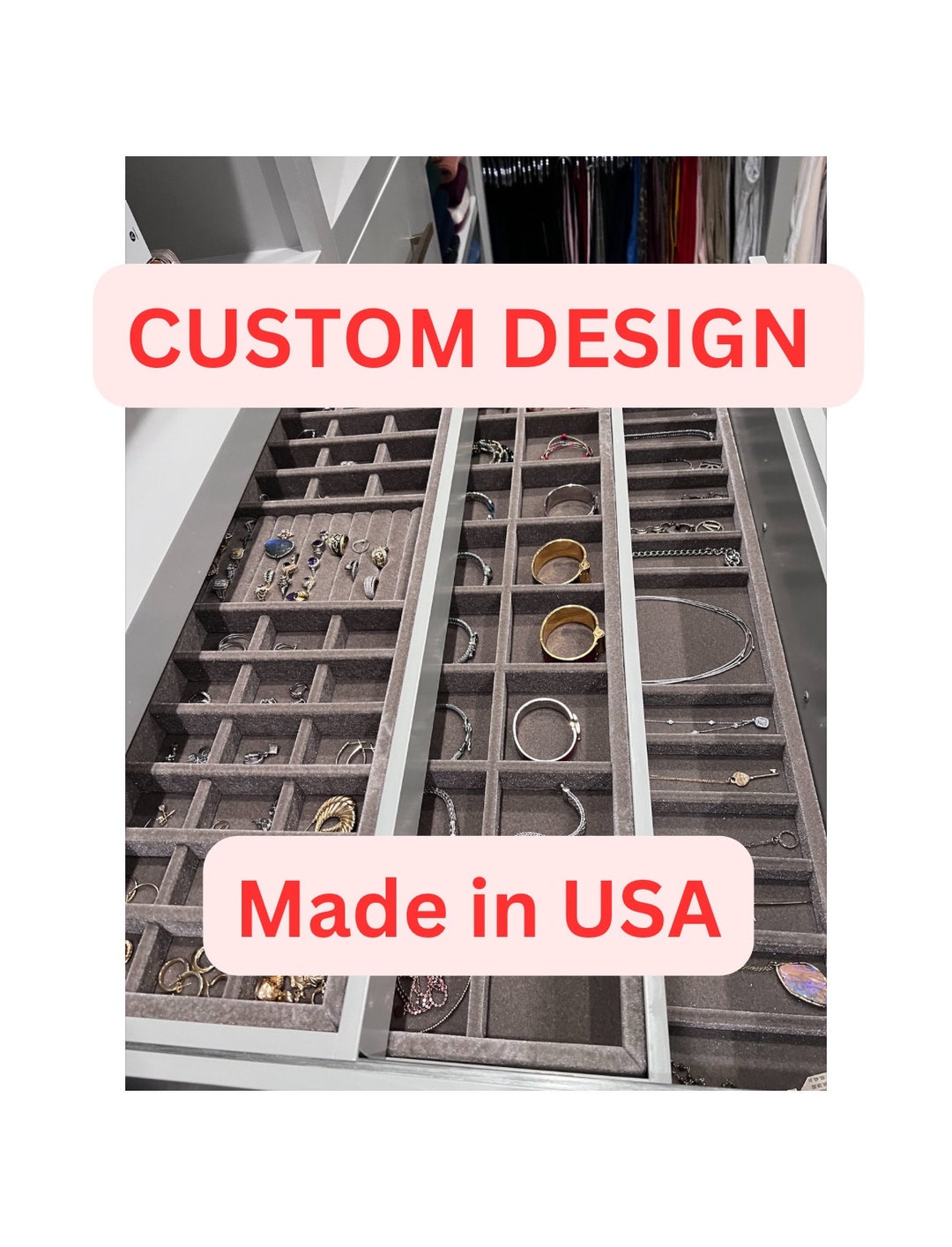 Custom Size Jewelry Organizer: Handmade Wood & Velvet Drawer Tray. Must ...