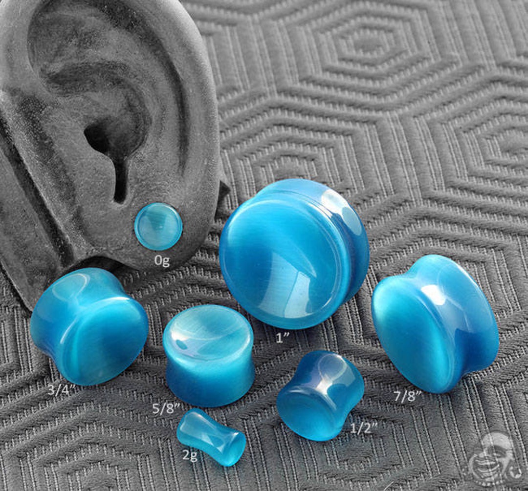 Concave Blue Cat Eye Plugs 2g (6mm), 0g, 00g (9.5mm), 7/16", 1/2" 9/16 ...